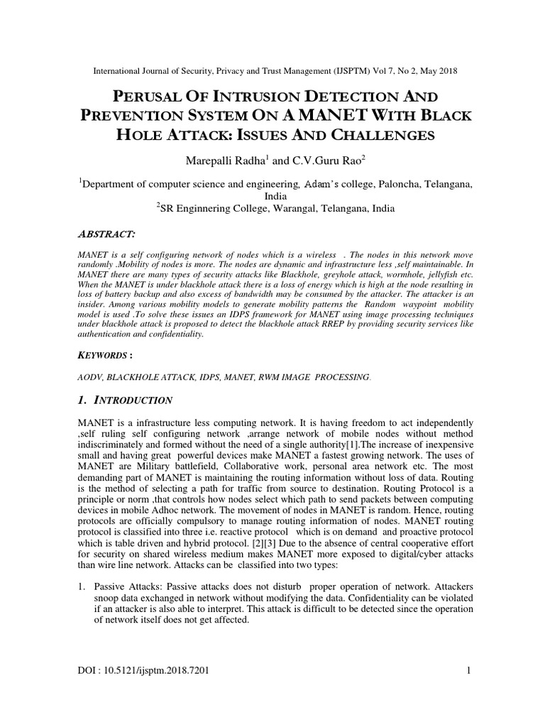 Perusal Of Intrusion Detection And Prevention System On A Manet With Black Hole Attack Issues