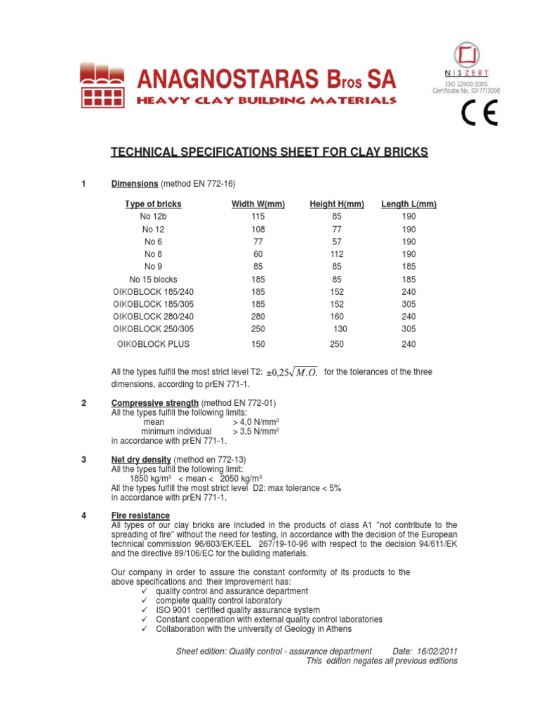 Technical Specifications Sheet For Clay Bricks | PDF | Brick ...