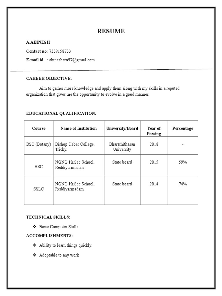 Resume: A.Abinesh Contact No: 7339158733 | PDF