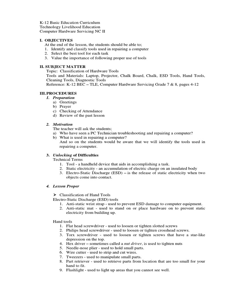 Lesson Plan - ICT Use of Hand Tools | PDF | Electrostatic Discharge | Electromagnetism