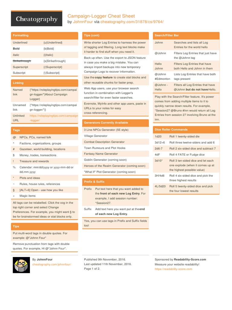 Campaign-Logger Cheat Sheet: by Via | PDF | Dice | Computing