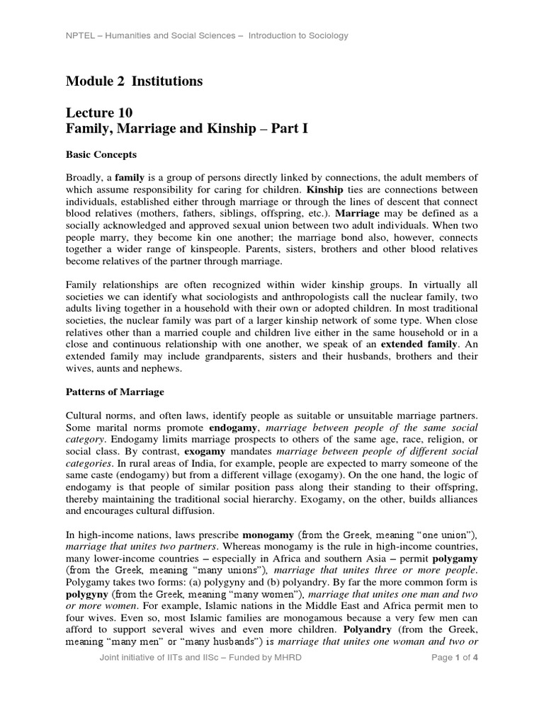 Module 2 Institutions Family, Marriage and Kinship - Part I | PDF ...