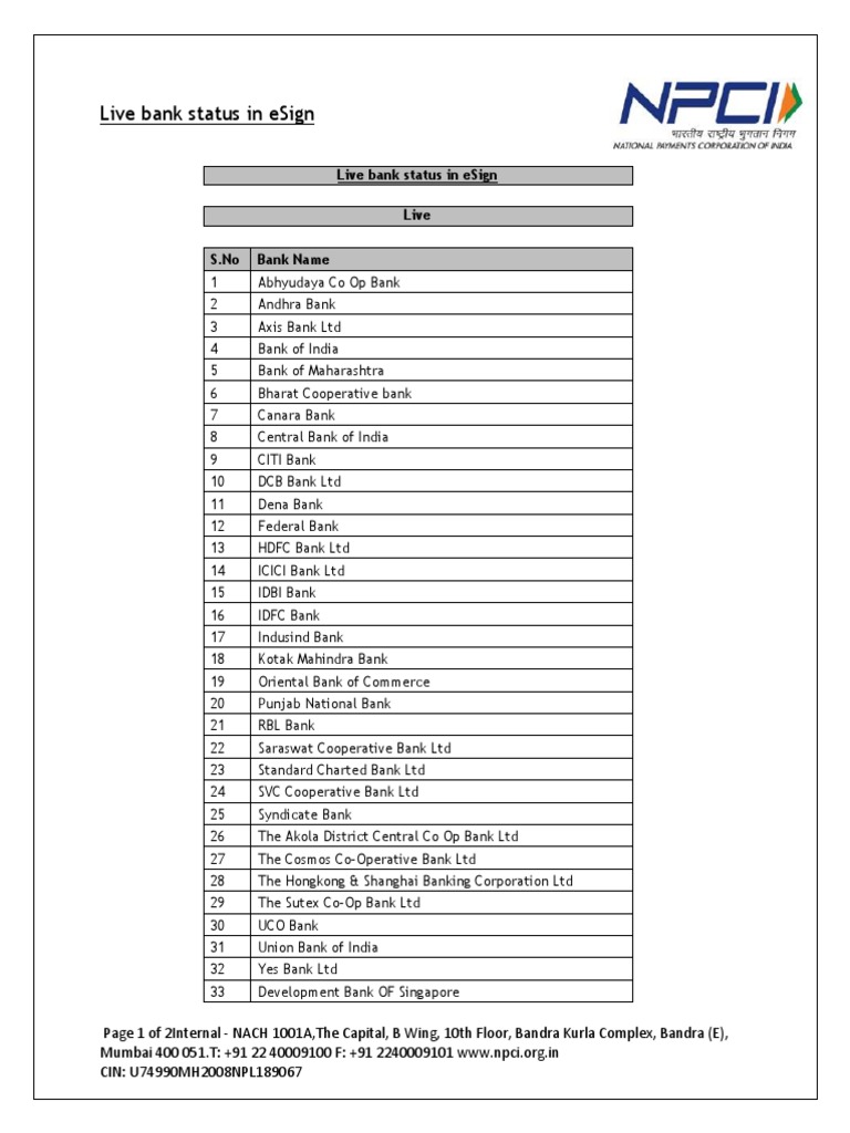 eSign Bank Status List | PDF