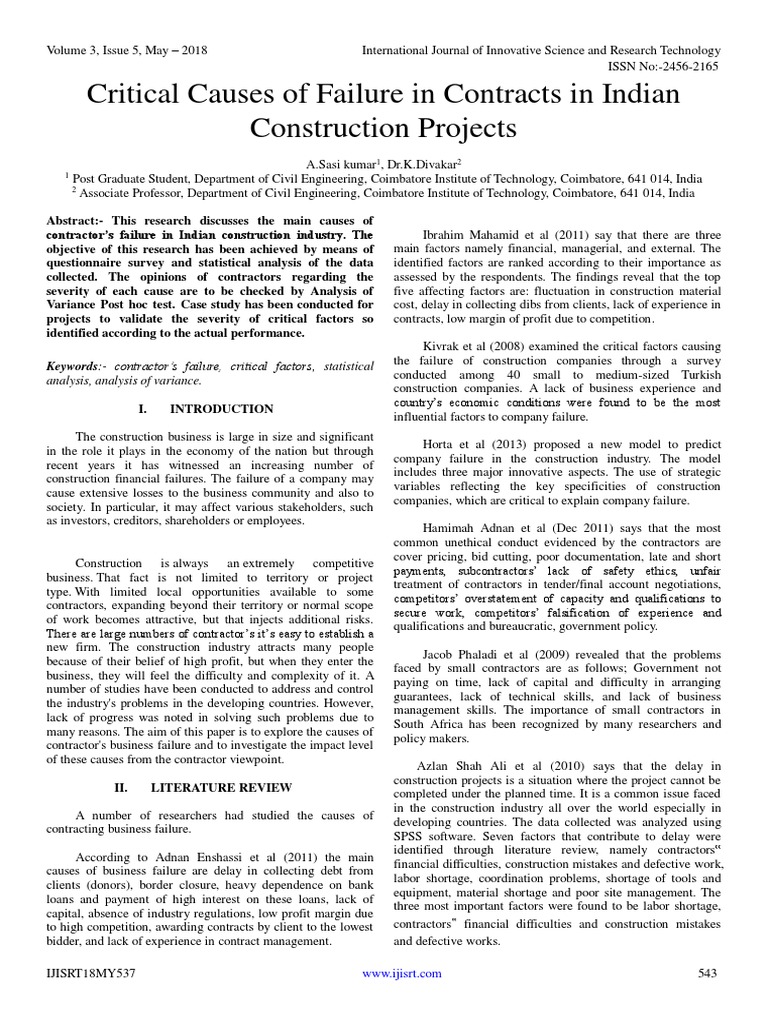 Critical Causes of Failure in Contracts in Indian Construction Projects ...