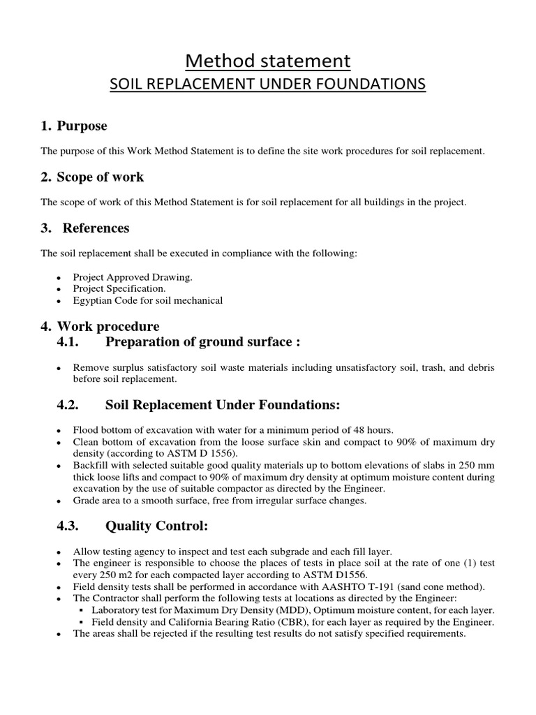 Method Statement: Soil Replacement Under Foundations | PDF