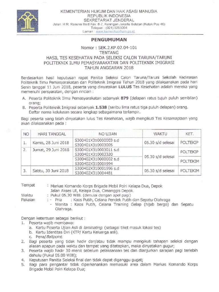 Pengumuman Hasil Tes Kesehatan | PDF