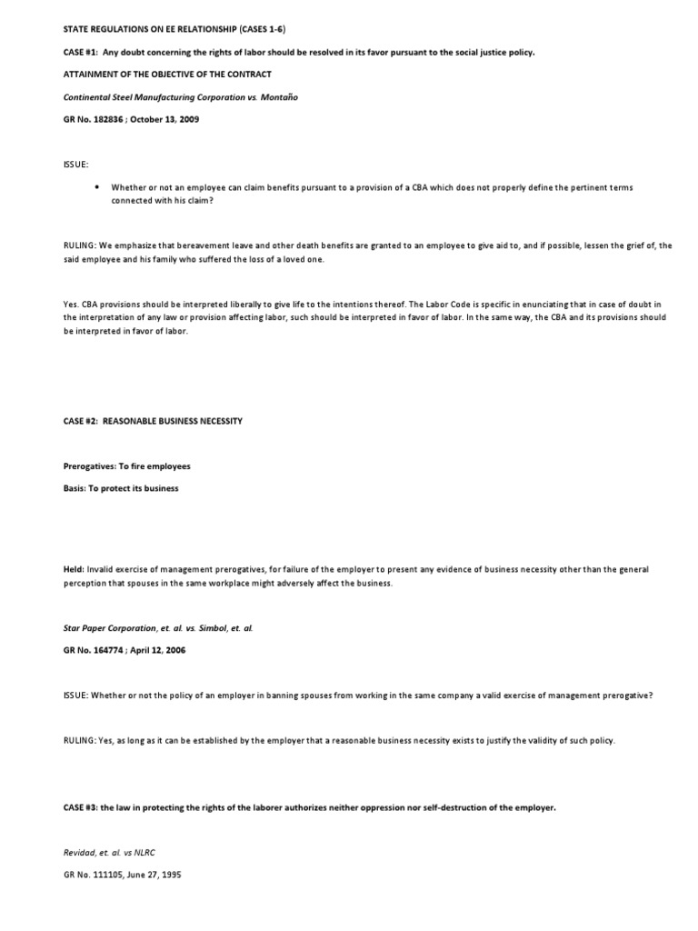 State Labor Regulations Overview: Key Cases | PDF | Grief | Employment