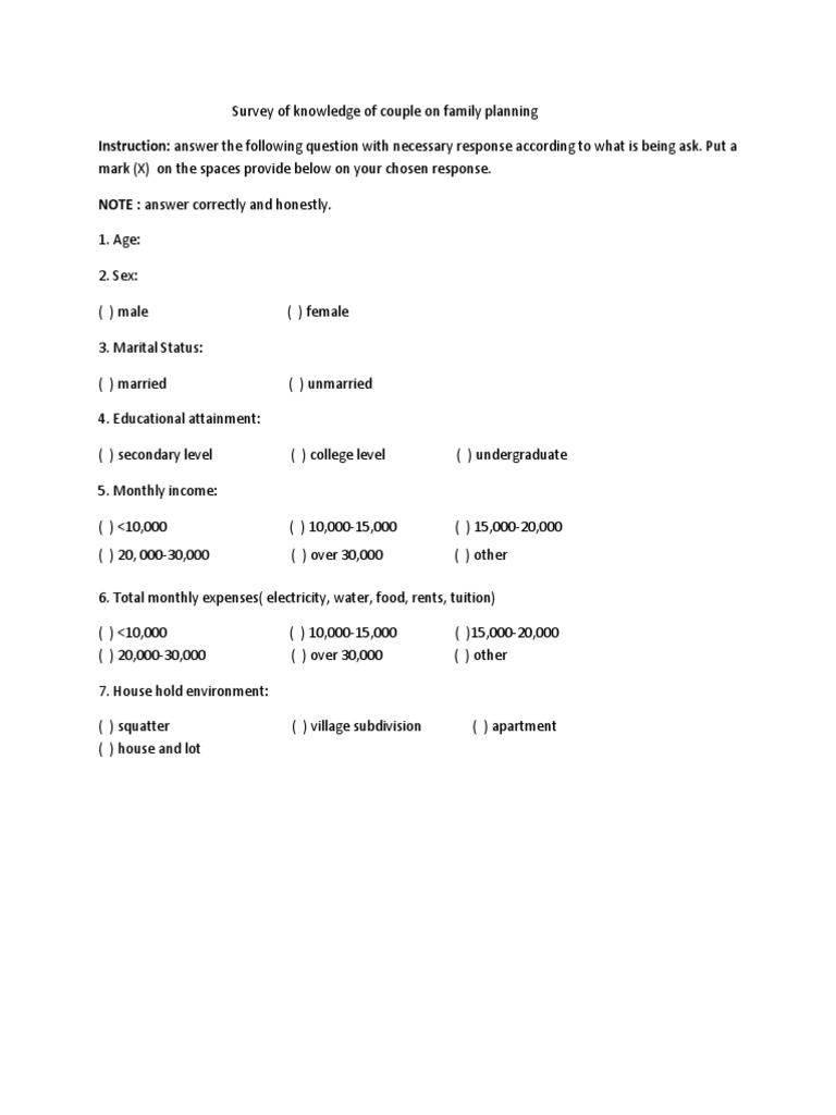 Survey of Knowledge of Couple On Family Planning | PDF | Family ...