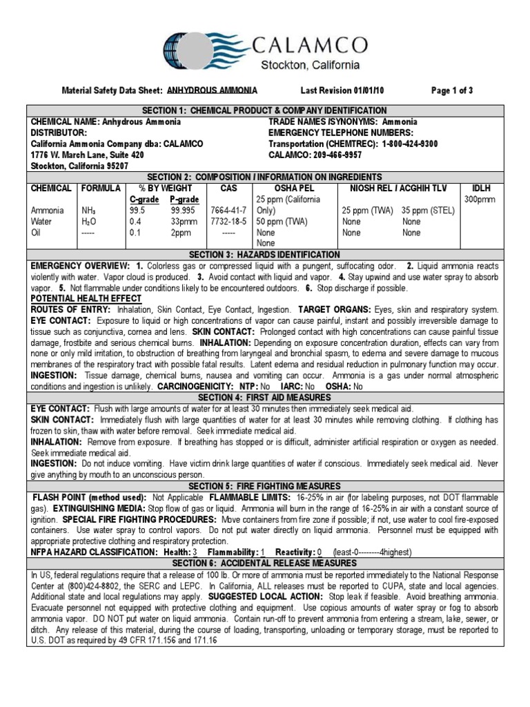 Anhydrous Ammonia Msds | PDF | Fluorine | Ammonia