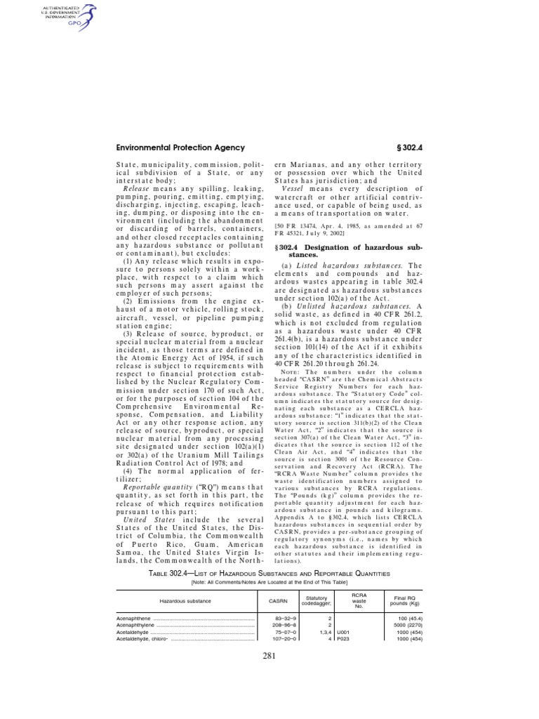CFR 2004 Title40 Vol26 Sec302 4 Epa RQ Reportable Quantity | PDF ...