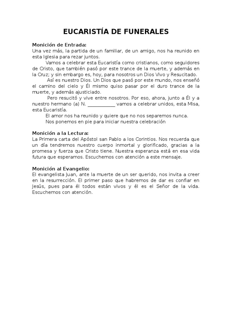 Eucaristía de Funerales Moniciones | PDF