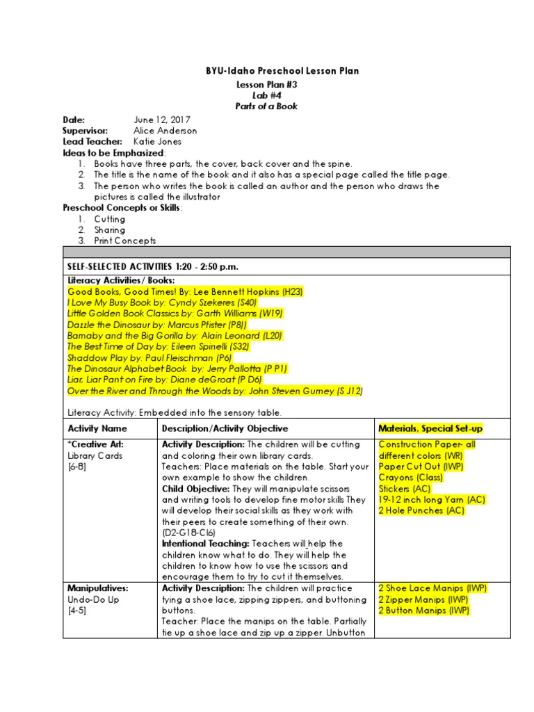 BYU-Idaho Preschool Lesson Plan: Lab #4 Parts of A Book | Download Free ...