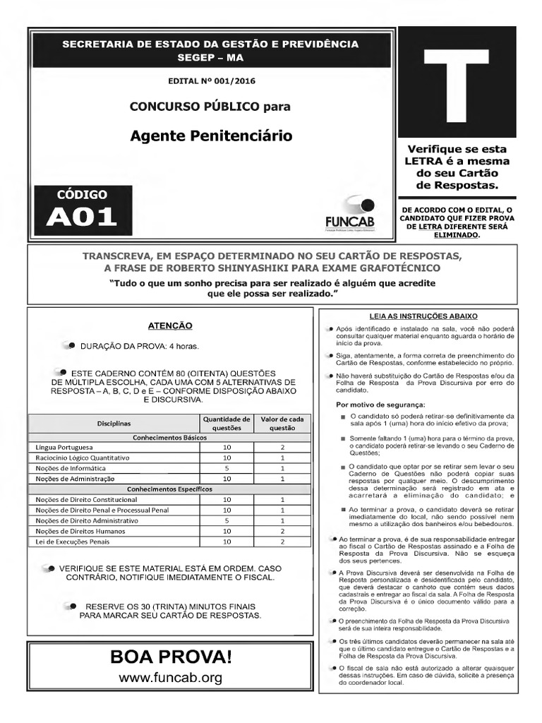 Funcab 2016 Segep Ma Agente Penitenciario Prova | PDF | Emenda ...
