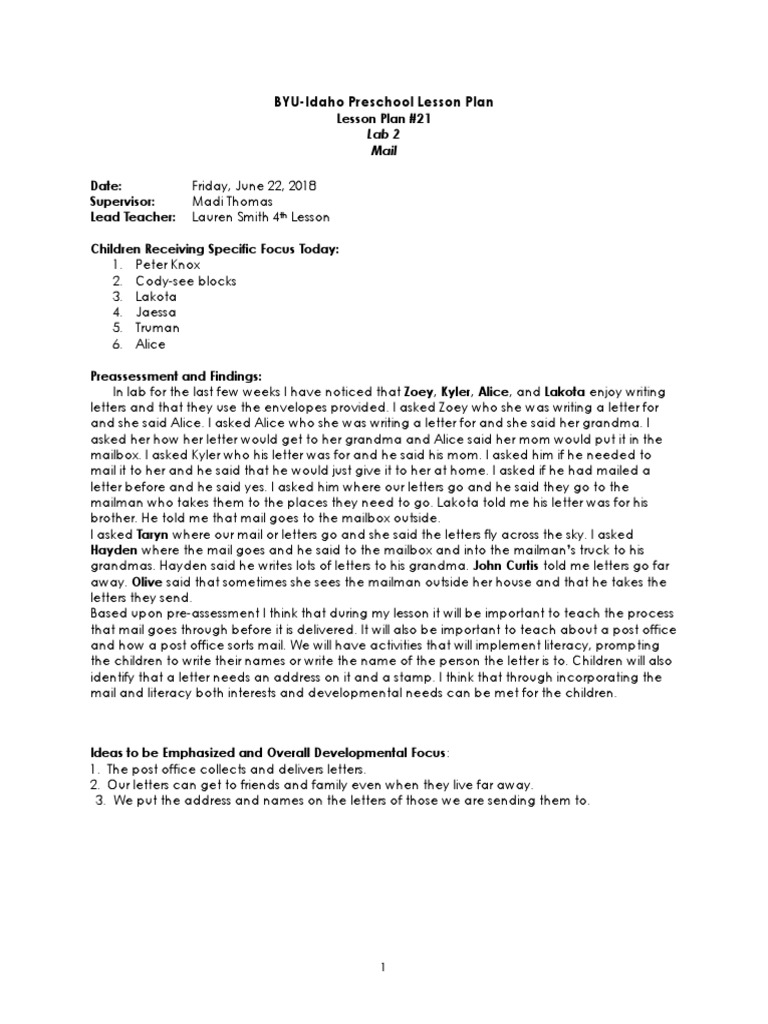 BYU-Idaho Preschool Lesson Plan: Lab 2 Mail | PDF | Mail | Toys
