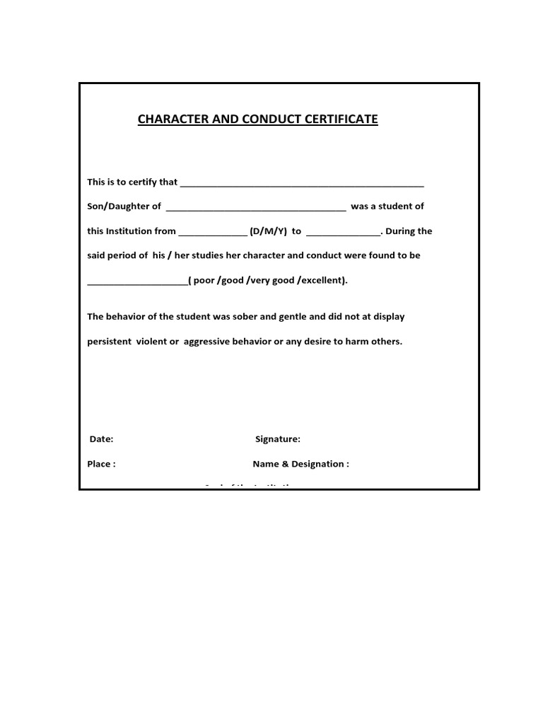 Character and Conduct Certificate Format Mha 2017 | PDF