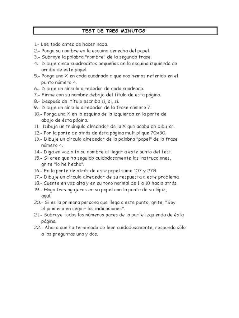 Test de Tres Minutos: Instrucciones | PDF