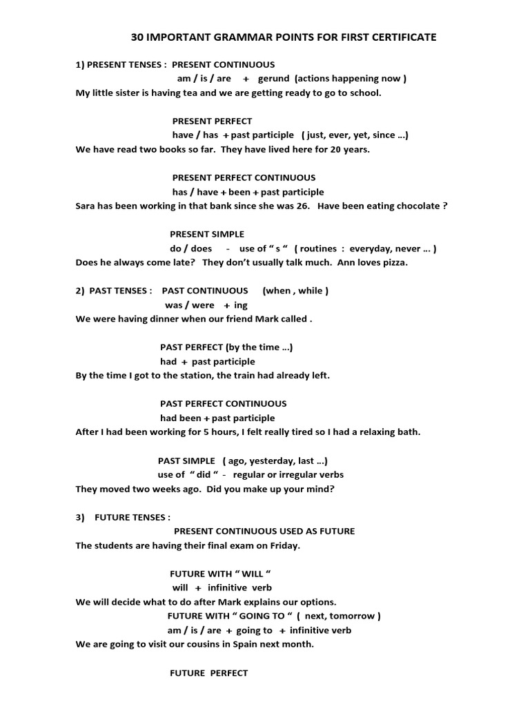 30 Important Grammar Points | PDF | Perfect (Grammar) | Verb