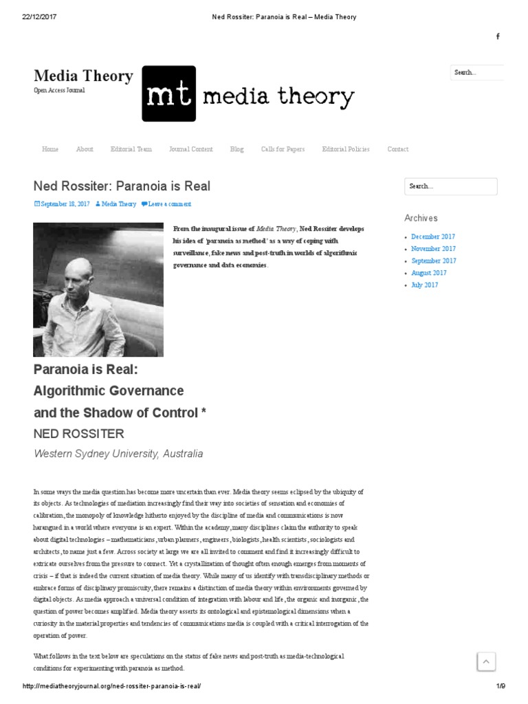 Ned Rossiter - Paranoia Is Real - Media Theory | PDF | Information ...