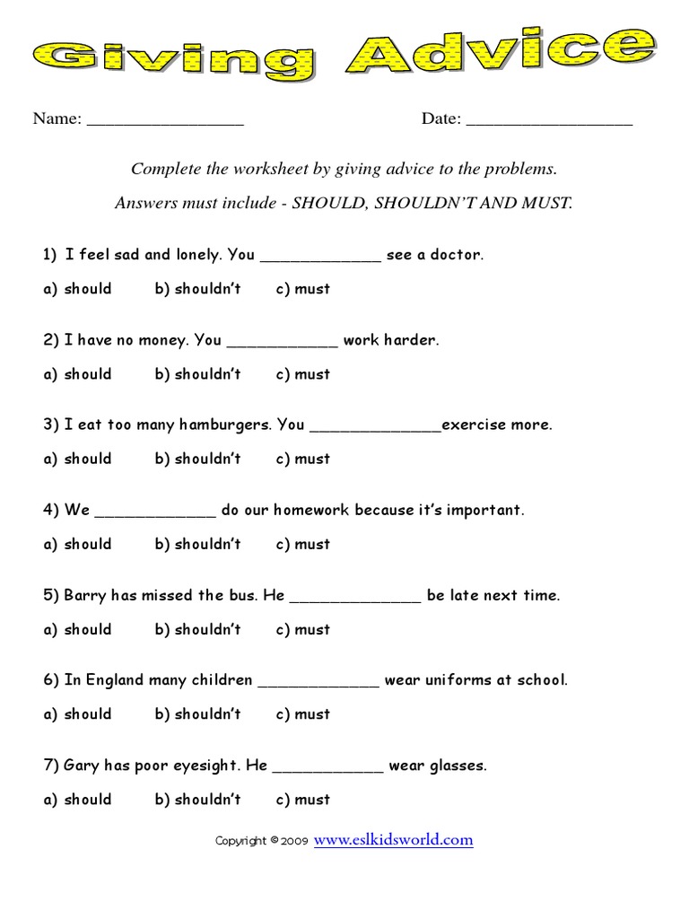 Giving Advice With Modals Worksheet PDF | PDF
