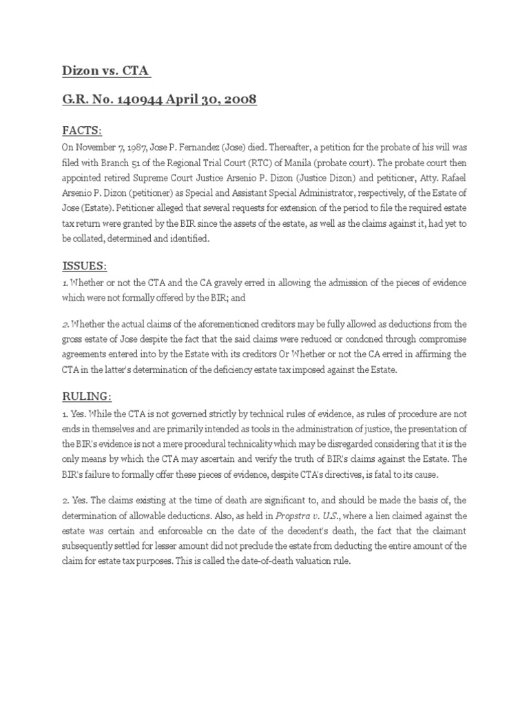 Dizon vs. CTA G.R. No. 140944 April 30, 2008: Facts | PDF | Value Added Tax | Probate
