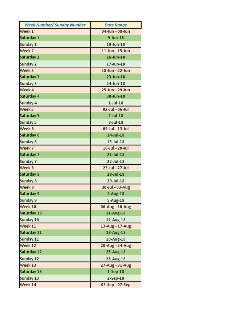 Week Number/ Sunday Number Date Range | Download Free PDF | Business ...