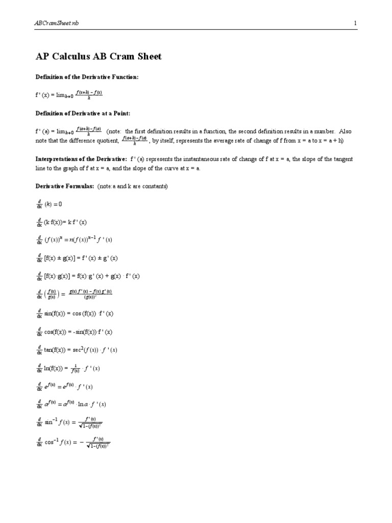 Ap Calculus Ab Cram Sheet: Abcramsheet - NB | PDF