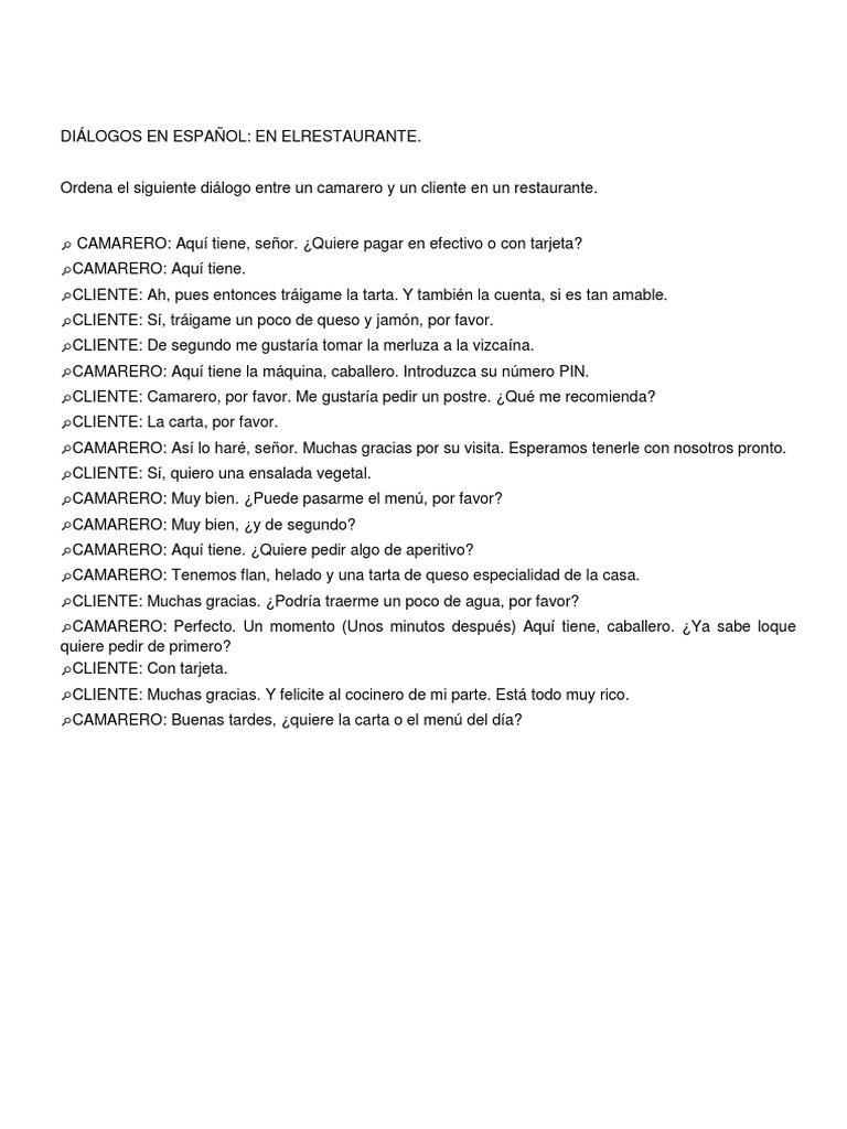 Diálogo entre mesero y cliente en restaurante | PDF | Camareros ...