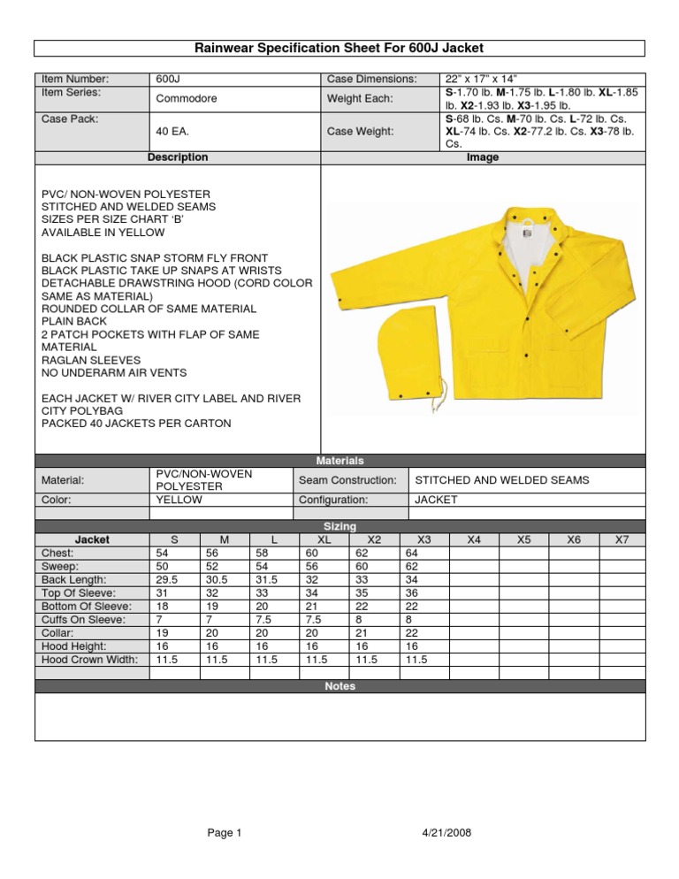 Rainwear Specification Sheet For 600J Jacket | PDF | Clothing | Fashion