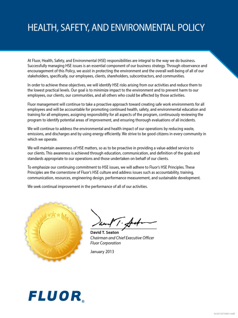 Fluor 2013 Hse Policy | PDF | Safety | Goal
