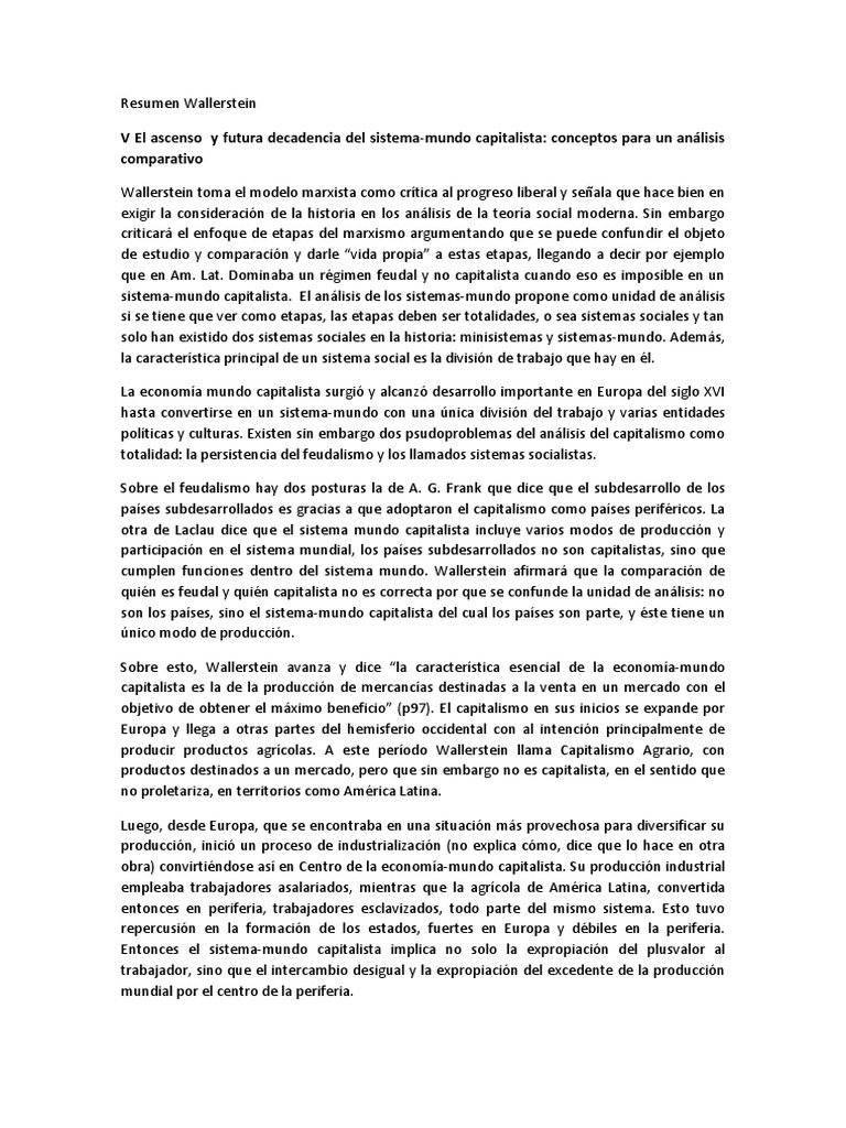 Resumen Wallerstein | PDF | Teoría de sistemas mundiales | Capitalismo
