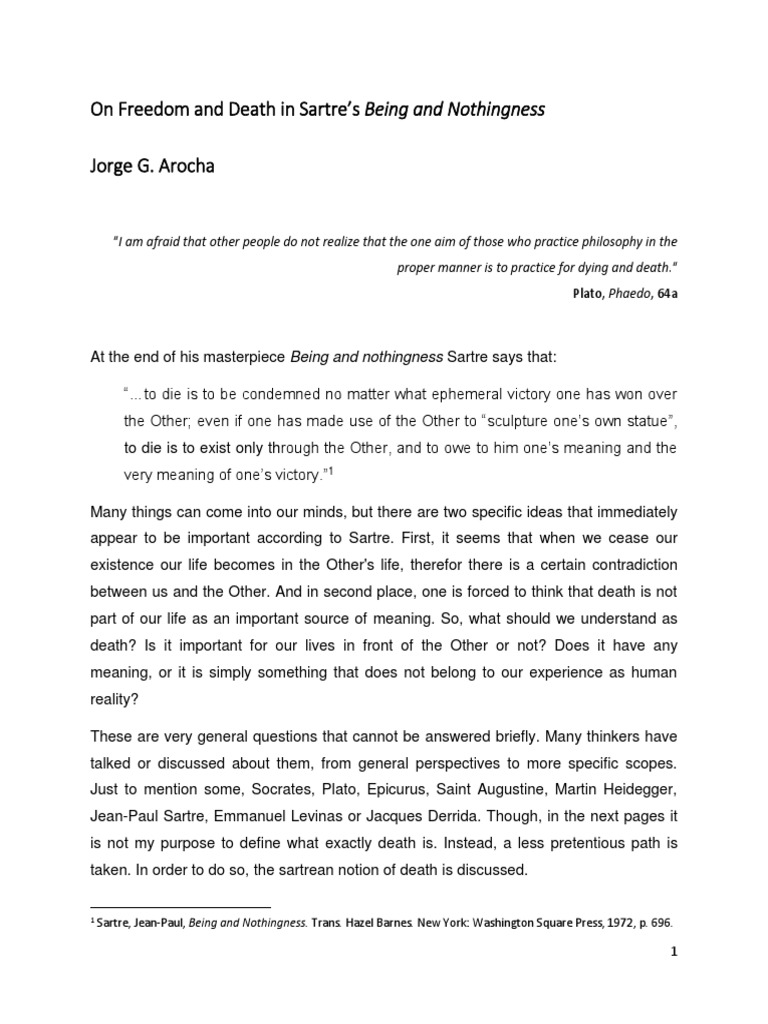 On Freedom and Death in Sartre's Being and Nothingness | PDF ...