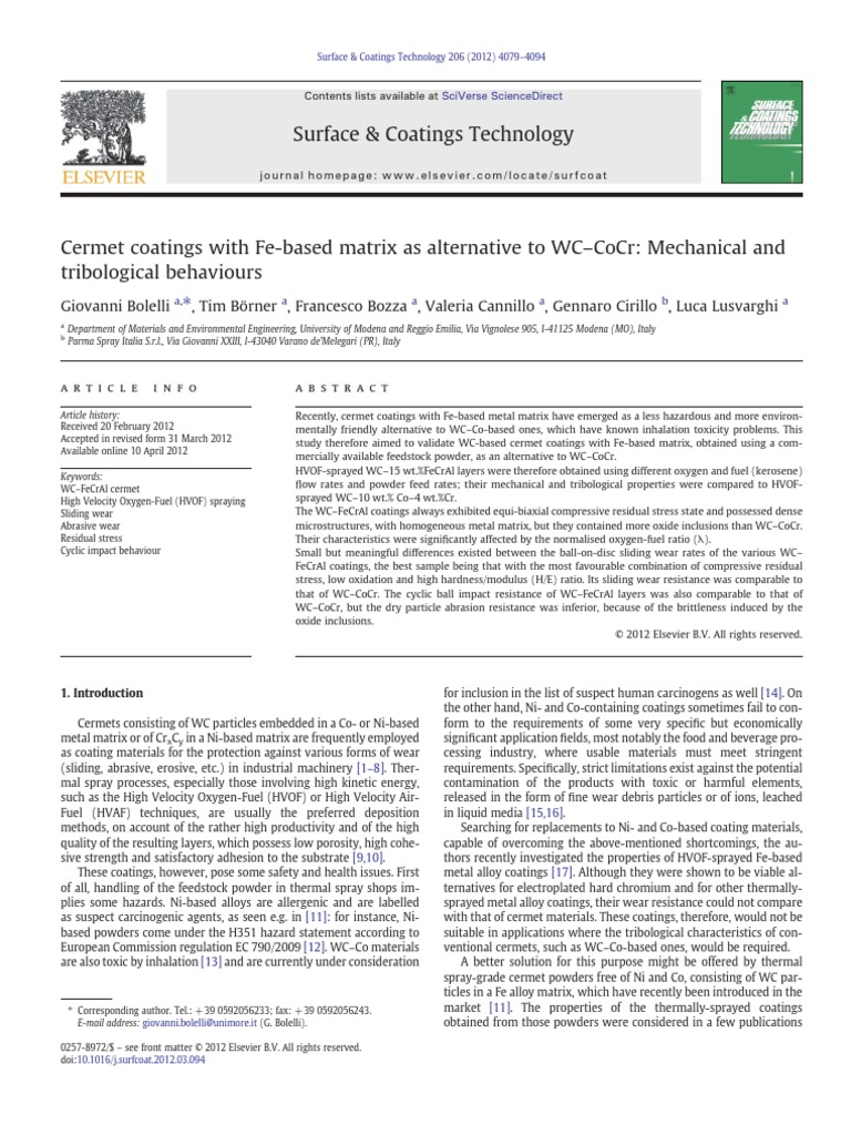 Cermet Coatings With Fe Based Matrix As Alternativ | PDF | Wear ...