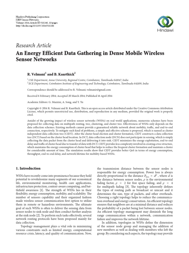 Research Article: An Energy Efficient Data Gathering in Dense Mobile Wireless Sensor Networks ...