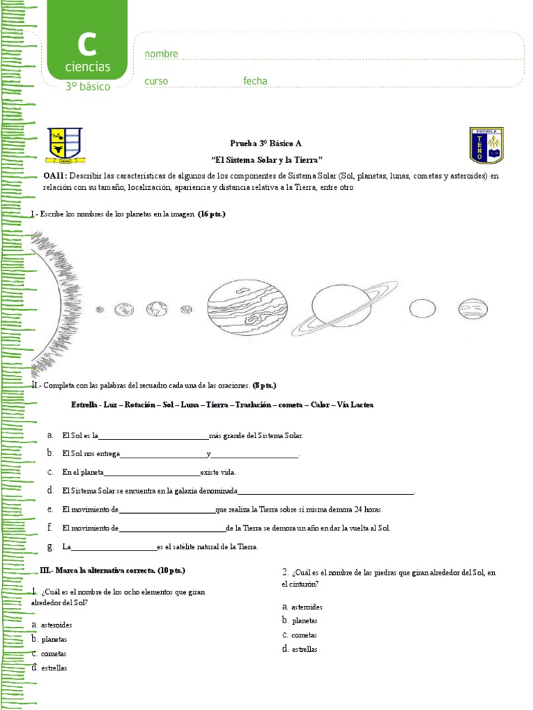 Prueba Del Sistema Solar, Grado 3