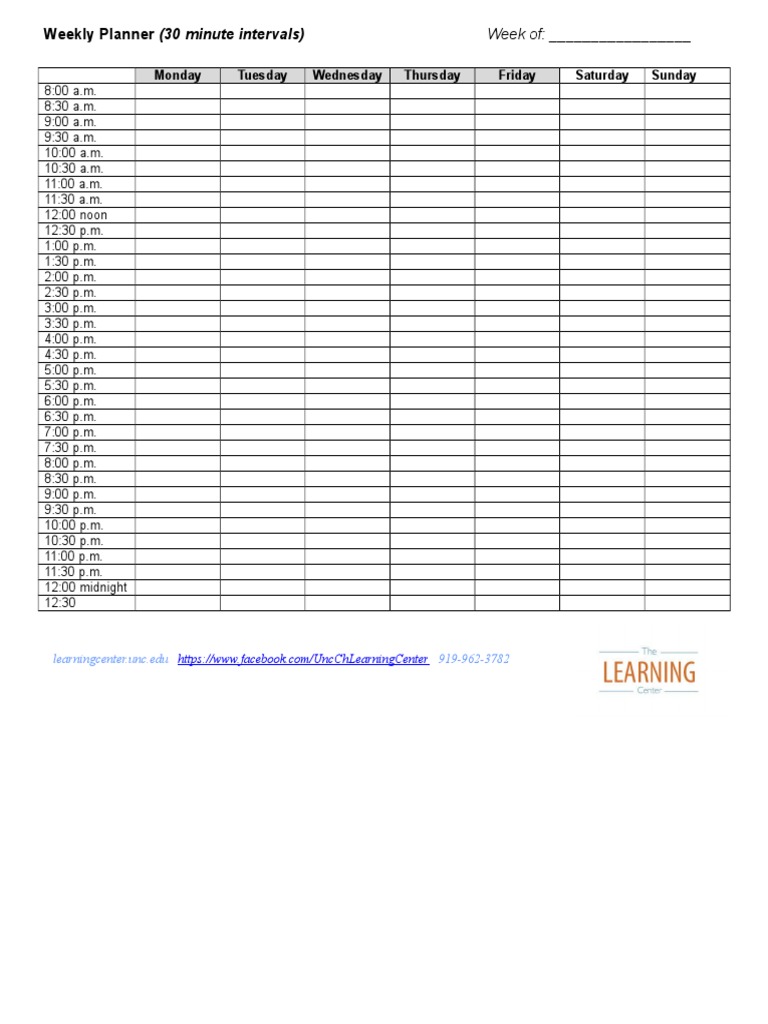 Weekly Planner 30 Minute Intervals | PDF