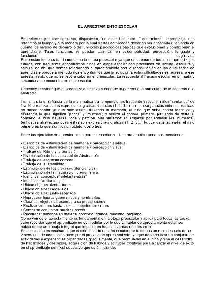 El Aprestamiento Escolar | PDF | Educación de la primera infancia ...