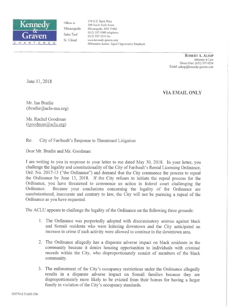 Faribault Letter To ACLU Dated June 11 2018. | PDF