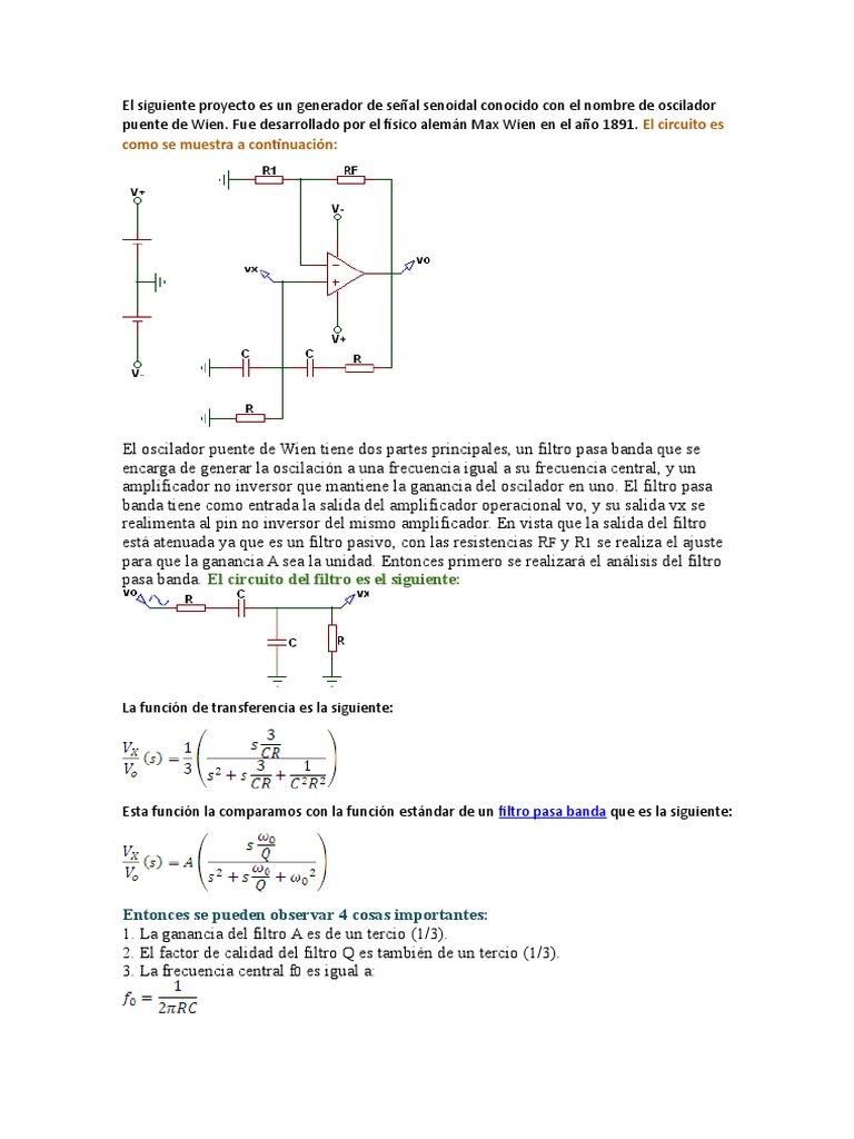 Oscilador Puente de Wien | PDF | Filtro electronico | Ingeniería en telecomunicaciones