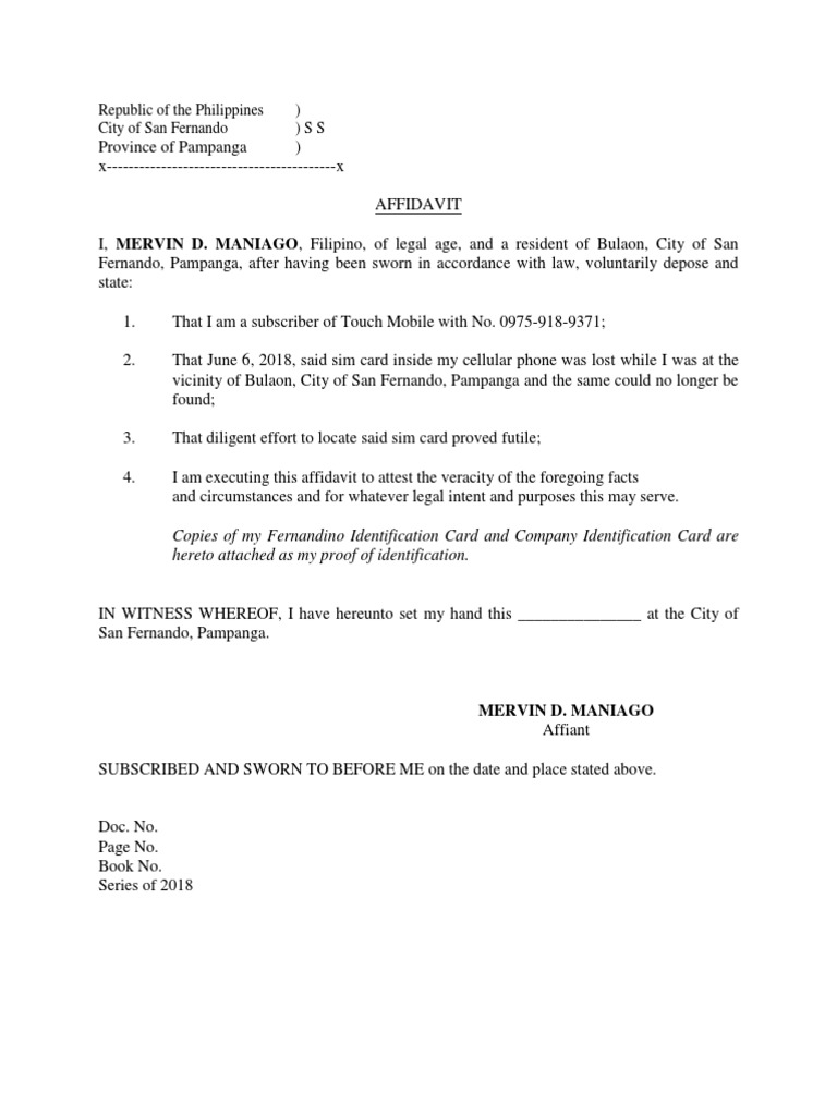 Affidavit of Lost Sim Card | PDF | Affidavit | Mobile Phones