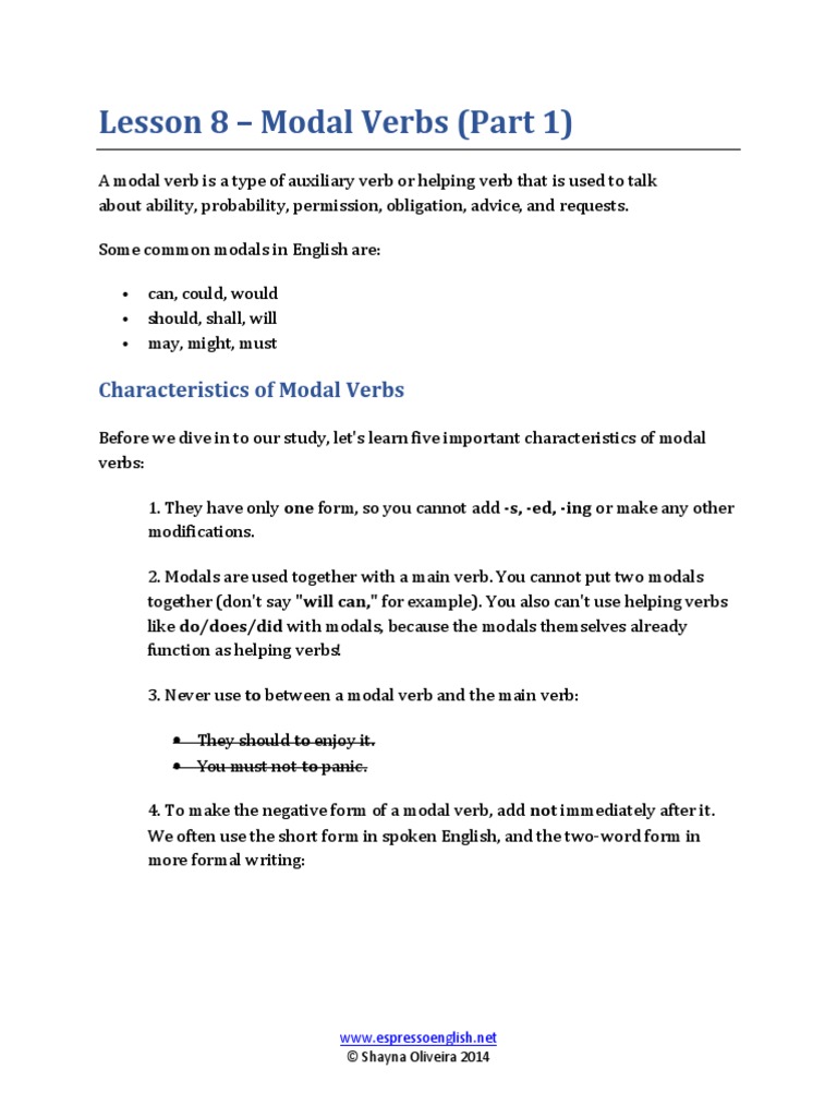 Lesson 8 - Modal Verbs (Part 1) | PDF | Grammar | Syntax