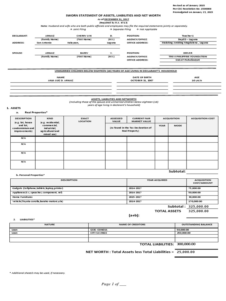 2017 Saln Form Cherrylyn | PDF | Identity Document | Net Worth