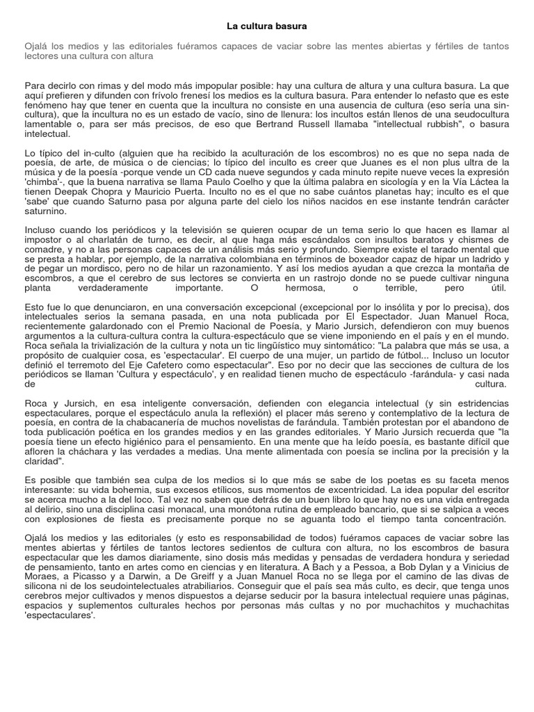 La Cultura Basura | PDF | Libros para adolescentes