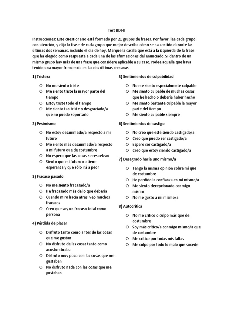 Cuestionario BDI-II: Evaluación Depresión | PDF | Salud y bienestar