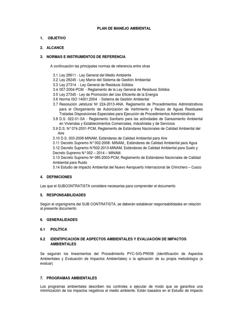 Plan de Manejo Ambiental - Esquema | Descargar gratis PDF | Evaluación ...