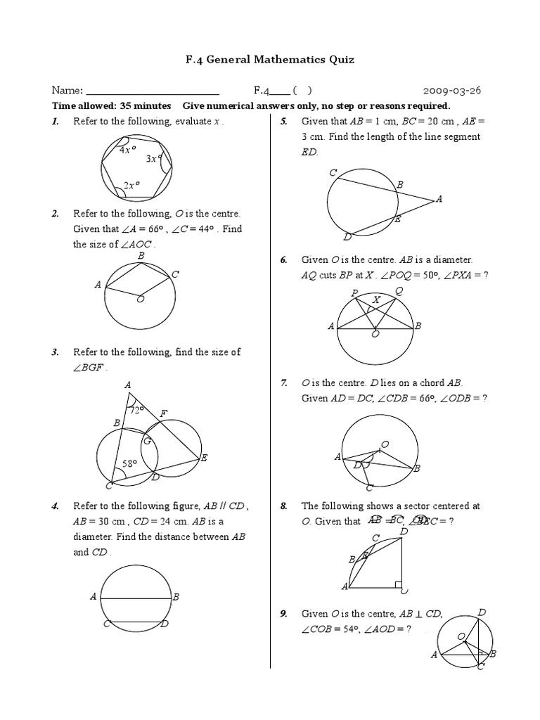 f4 General Mathematics Quiz 20090326 Circle | PDF | Diameter ...