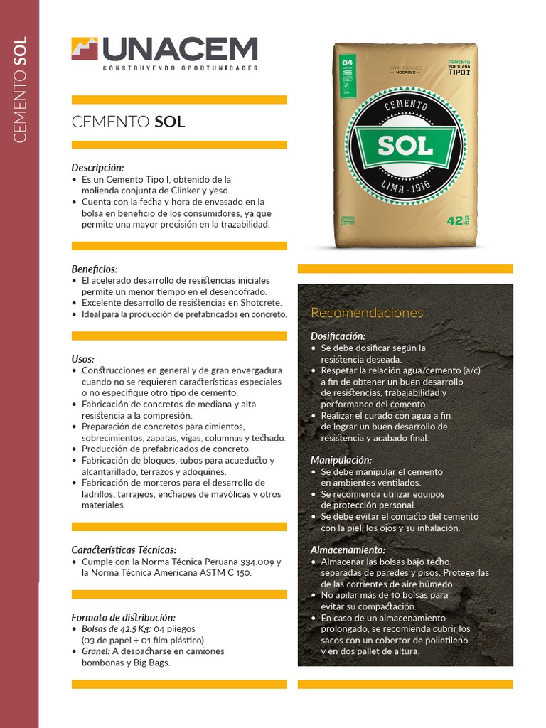 Peru UNACEM Ficha Tecnica Cement Sol | PDF | Cemento | Hormigón