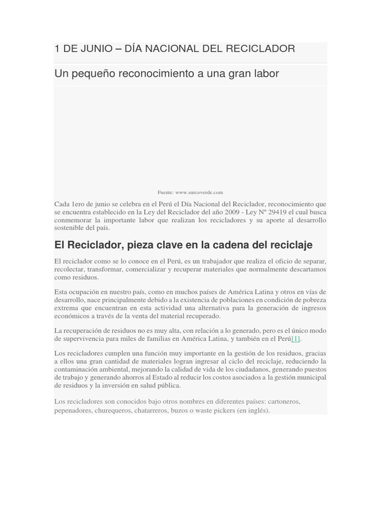 Dia Nacional Del Reciclador | PDF | Reciclaje | Residuos