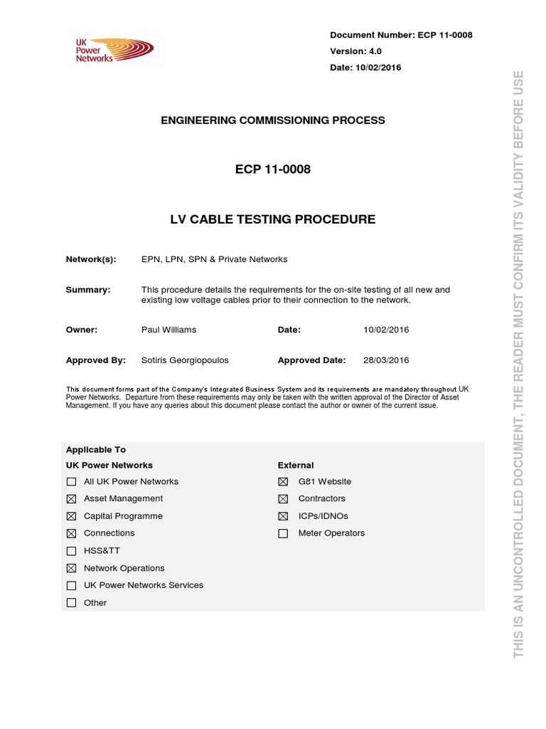 ECP 11-0008 LV Cable Testing Procedure | PDF | Insulator (Electricity ...