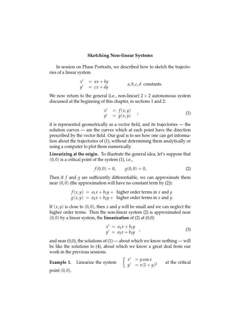 Sketching Non-Linear Systems: Linearizing at The Origin | PDF ...