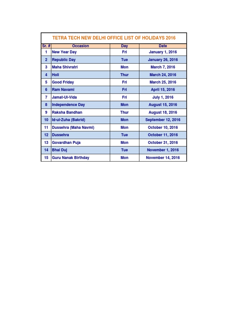 Tetra Tech New Delhi Office List of Holidays 2016 | PDF
